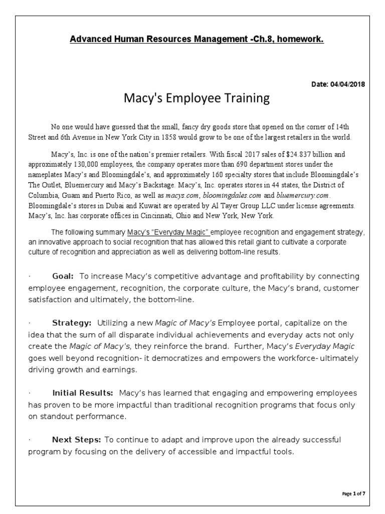 HRM-Ch.8, Homework 2018 - Macys | PDF | Human Resource Management | Business