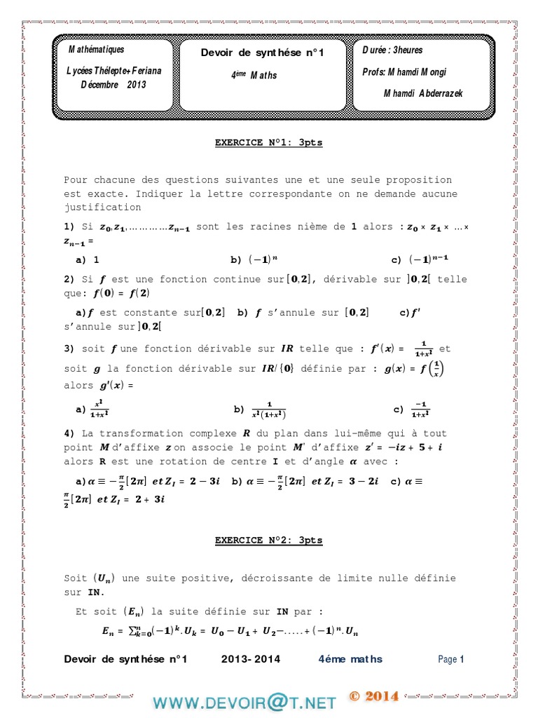 Devoir de Synthèse Maths 4ème | PDF | Séquence | Limite (mathématiques)