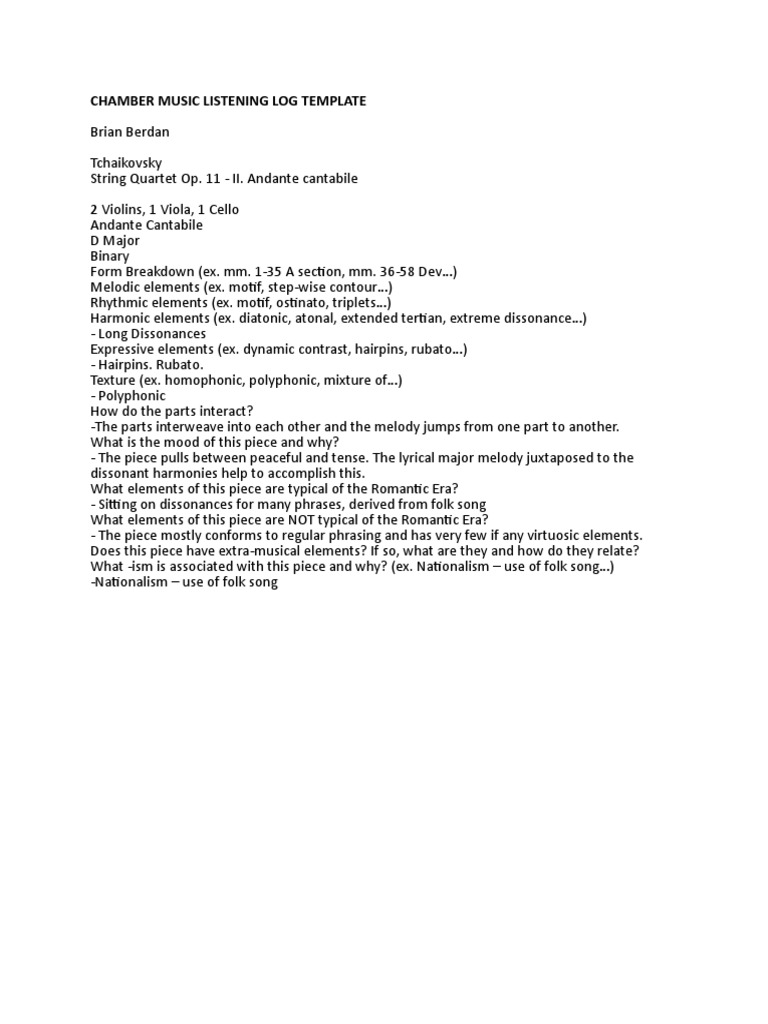 Chamber Music Listening Log Template | PDF