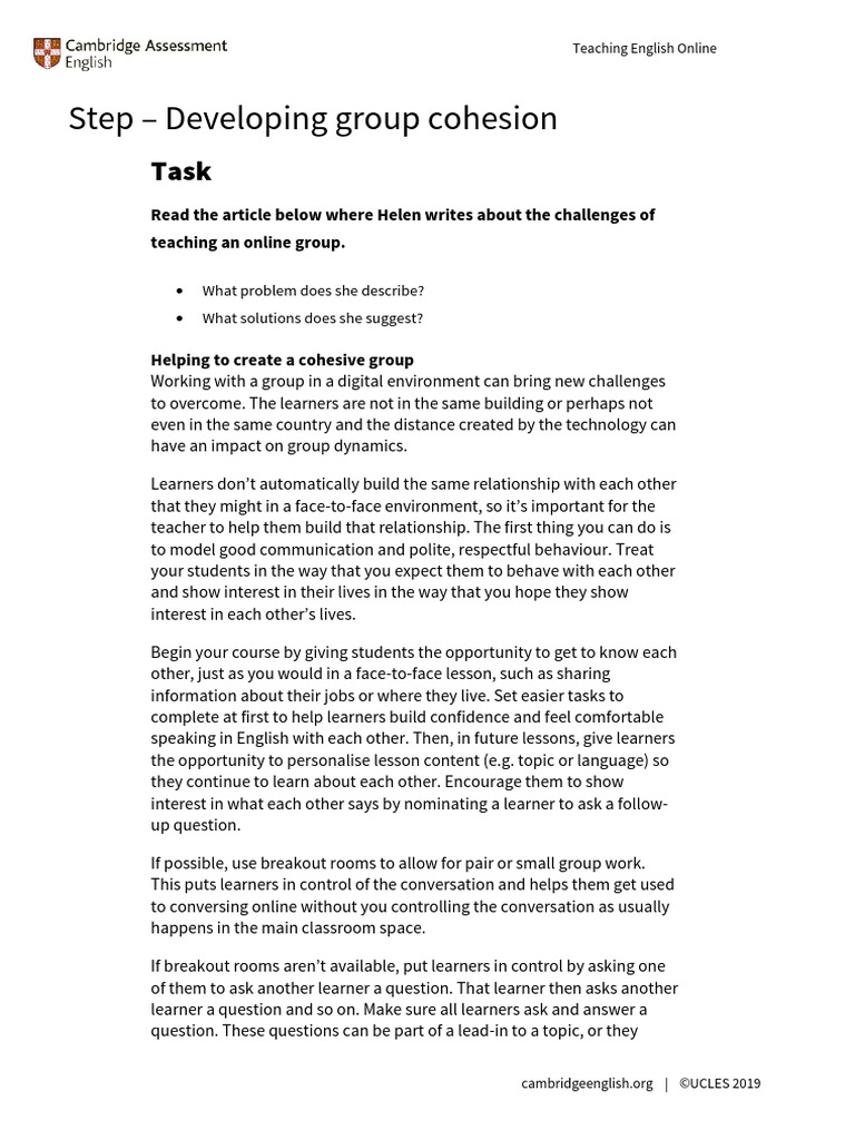 Step - Developing Group Cohesion | PDF | Learning | Psychology