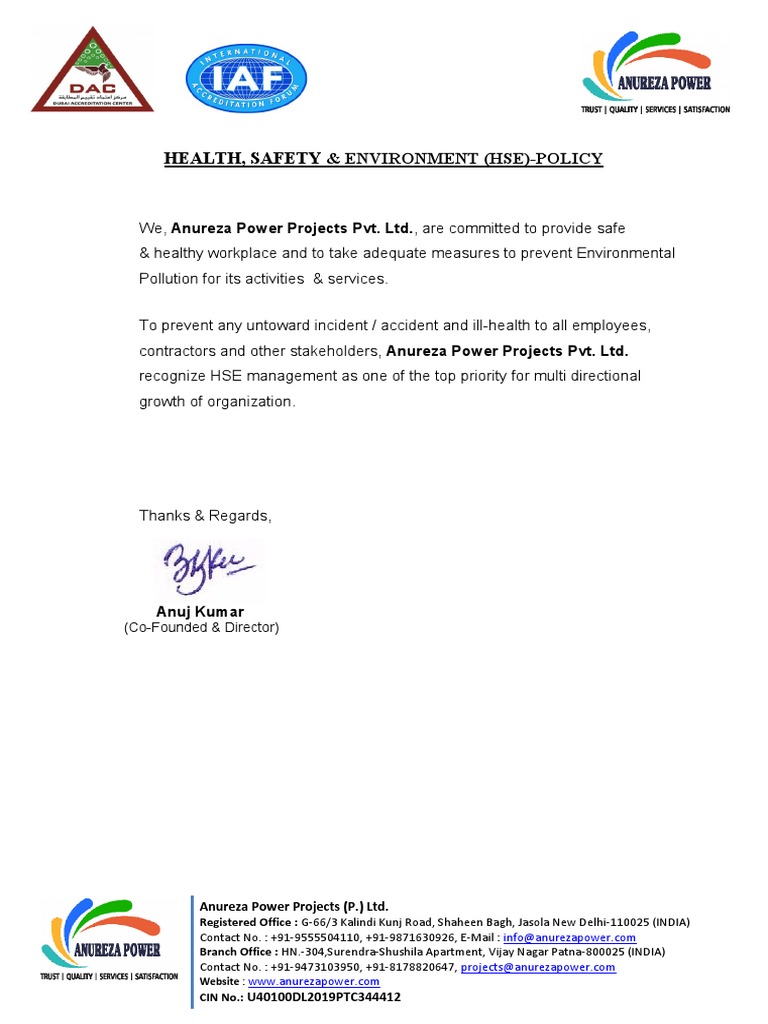 Health, Safety: & Environment (Hse) - Policy | PDF