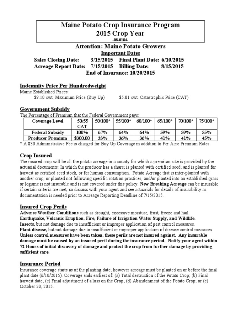 Maine Potato Crop Insurance Program 2015: Key Dates, Coverage Options ...