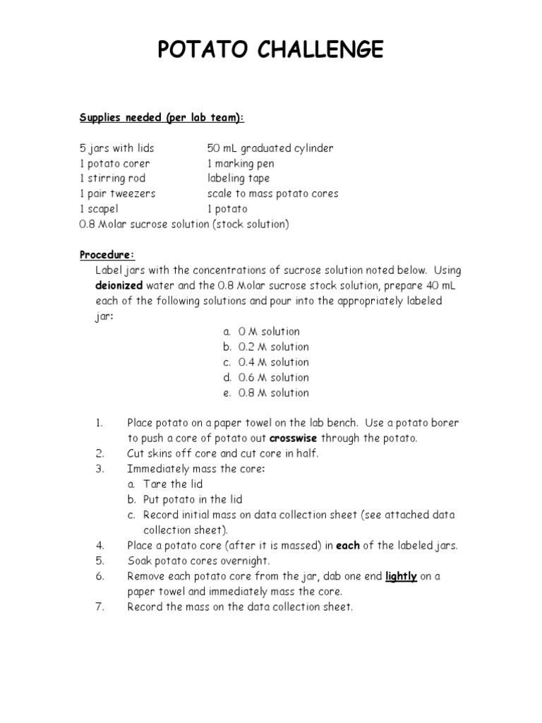 Potato Challenge: Supplies Needed (Per Lab Team) | PDF | Chemistry ...