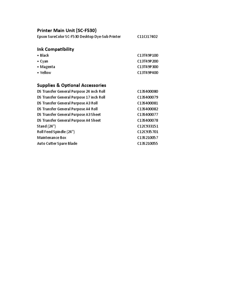 Epson SC-F530 - Part - Numbers | PDF