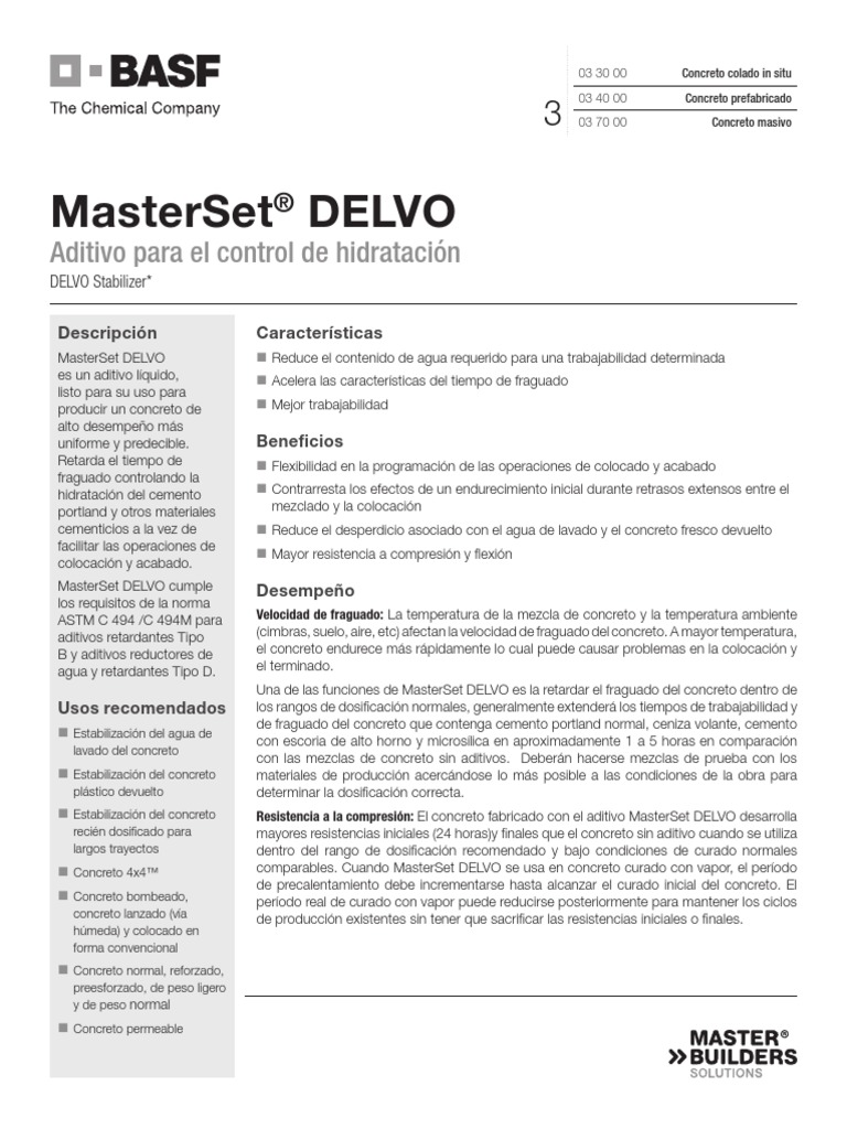 BASF MasterSet-DELVO-Ficha Técnica PDF | Download Free PDF | Hormigón | Cemento