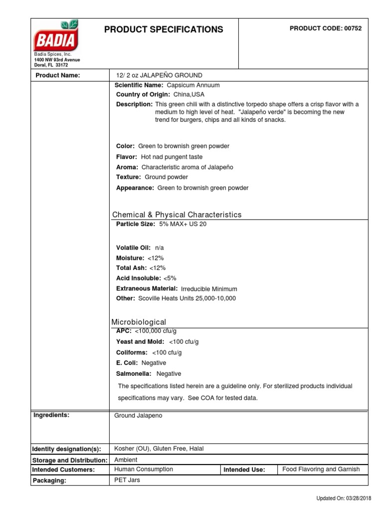 Product Specifications: Chemical & Physical Characteristics | PDF ...