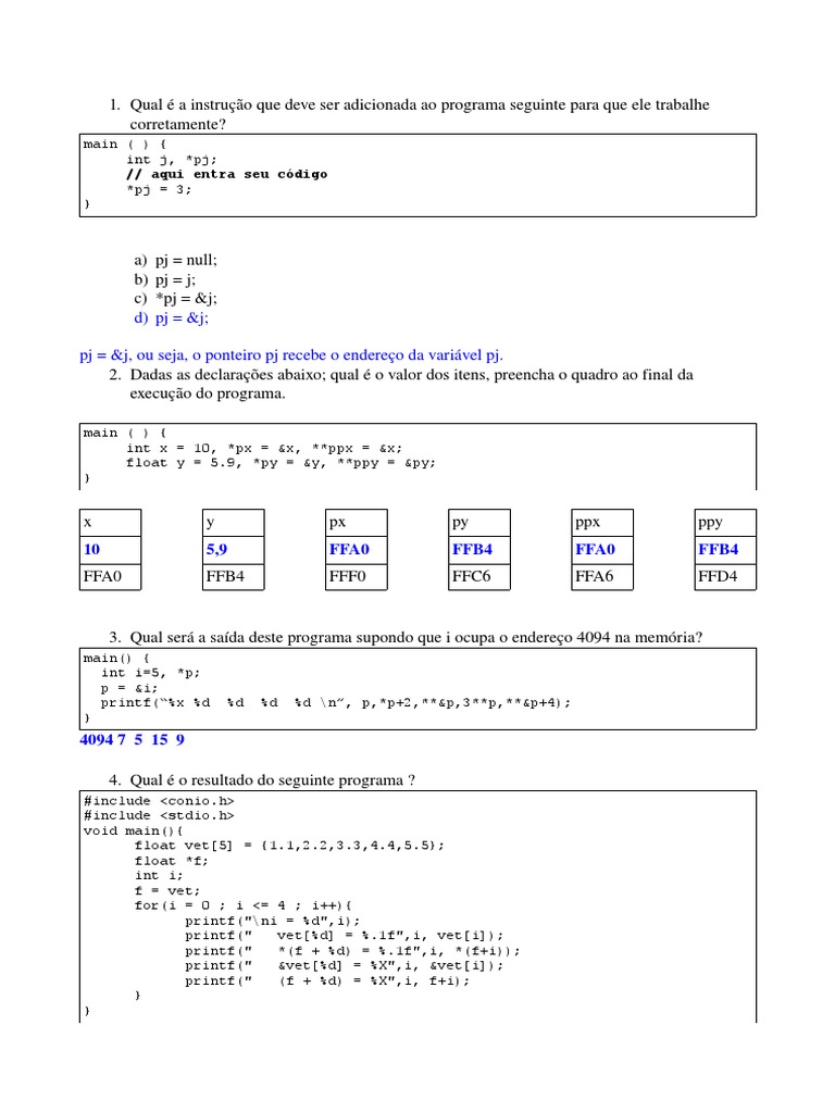 Apresentação de programas que utilizam ponteiros e endereços de memória ...