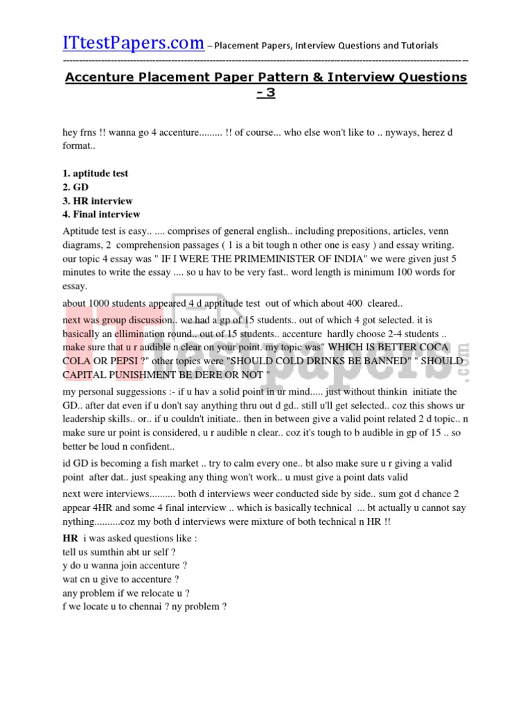 Accenture Placement Paper Pattern and Interview Questions - 3 | PDF ...