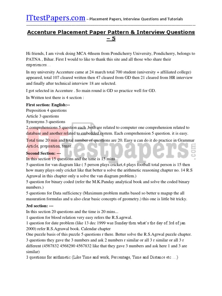 Accenture Placement Paper Pattern and Interview Questions - 5 | PDF ...