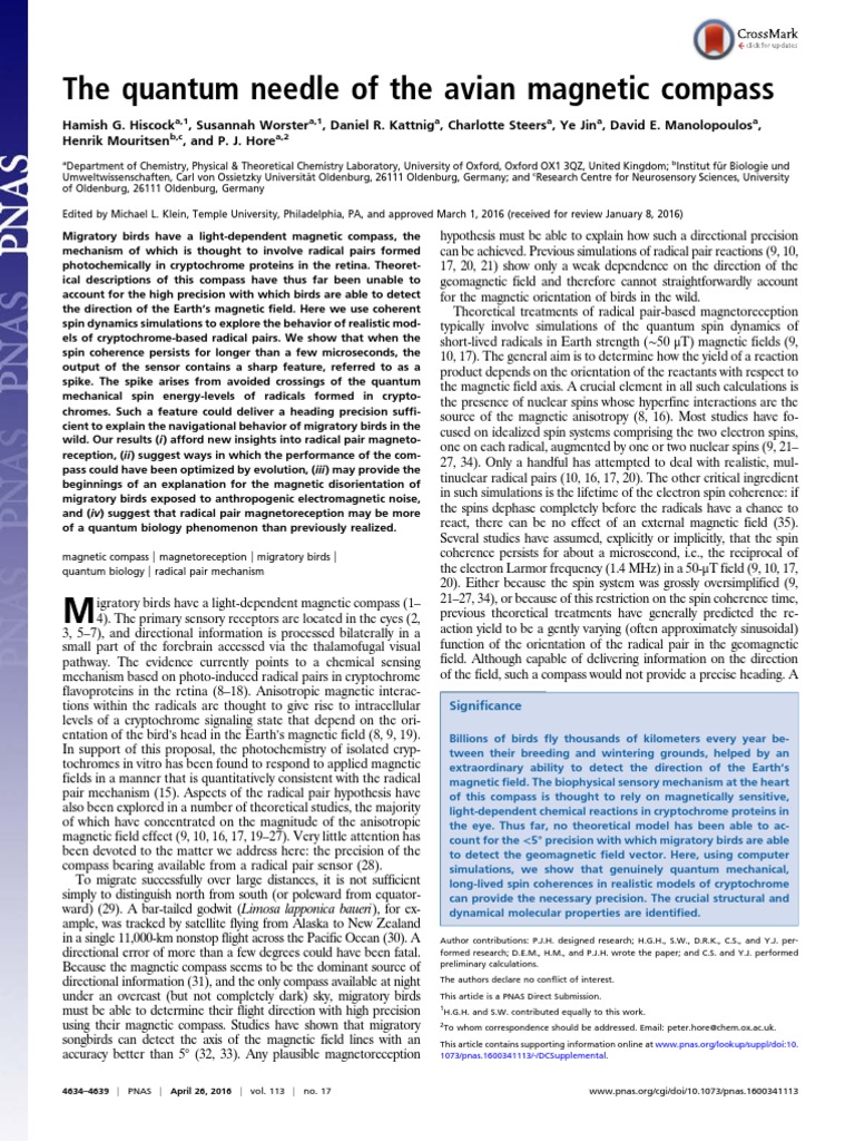 The Quantum Needle of The Avian Magnetic Compass: Significance | PDF | Relaxation (Nmr) | Spin ...