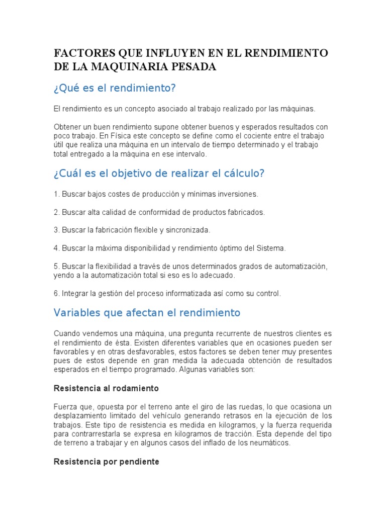Factores Que Influyen en El Rendimiento de La Maquinaria Pesada | PDF ...