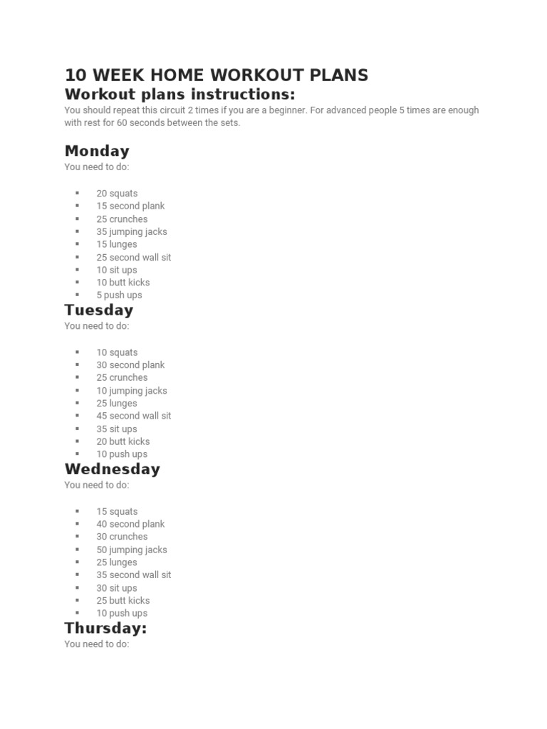 10 Week Home Workout Plan | PDF
