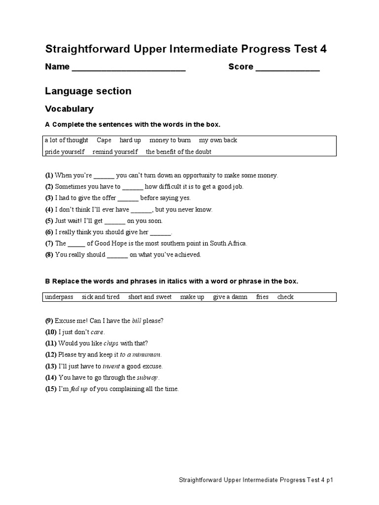 Straightforward Upper Intermediate Progress Test 4: Language Section ...