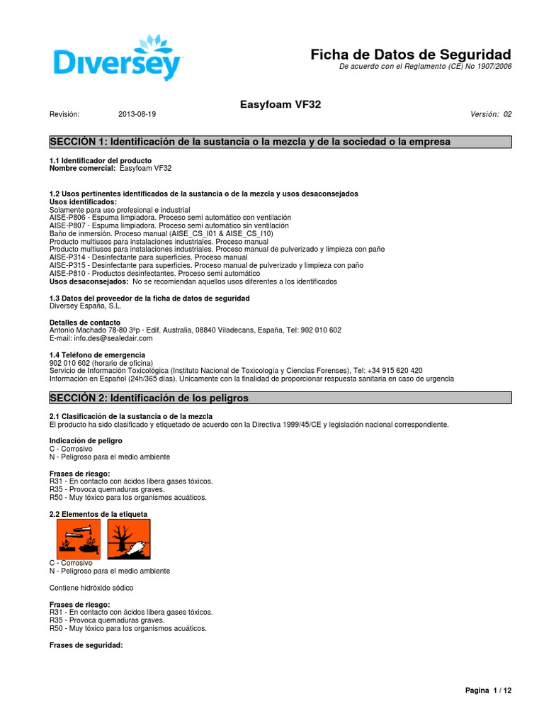Ficha Técnica de Easyfoam VF32 | PDF | Cloro | Seguridad y salud ocupacional