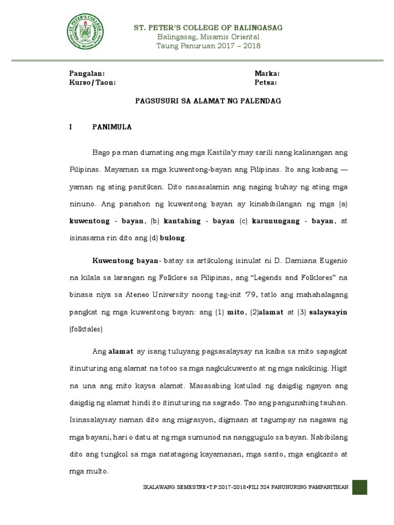 Pagsusuri Sa Alamat NG Palendag | PDF