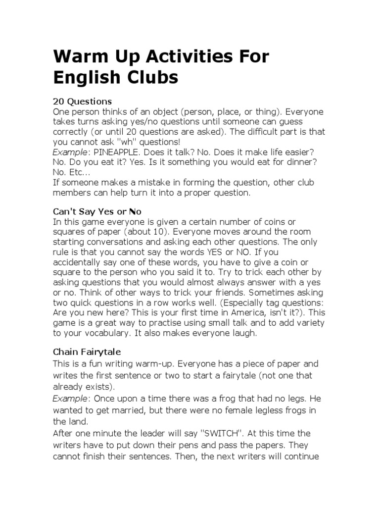 Warm Up Activities For English Clubs | PDF