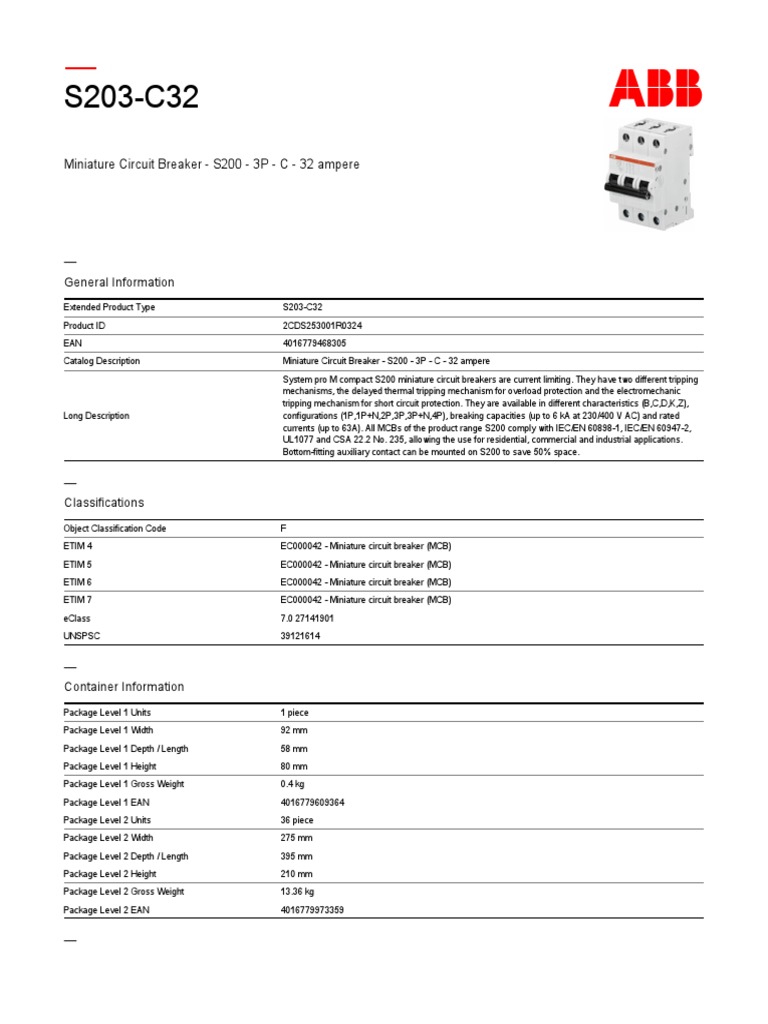 S203-C32 Mini Circuit Breaker | PDF | Alternating Current | Power (Physics)