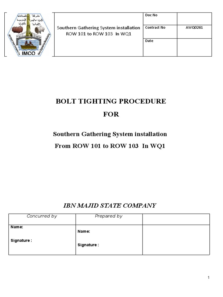 Bolt Tighting Procedure for Southern Gathering System | PDF | Nut ...
