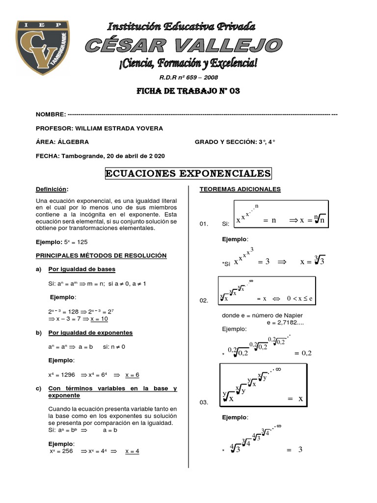 Ficha de Trabajo 03-Alg-3° y 4° | Descargar gratis PDF | Ecuaciones | Matemáticas Aplicadas