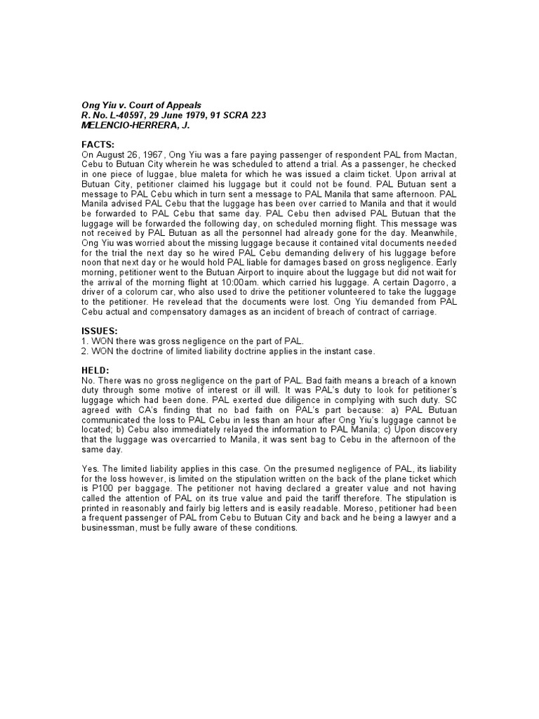 Ong Yiu Case | PDF | Negligence | Baggage