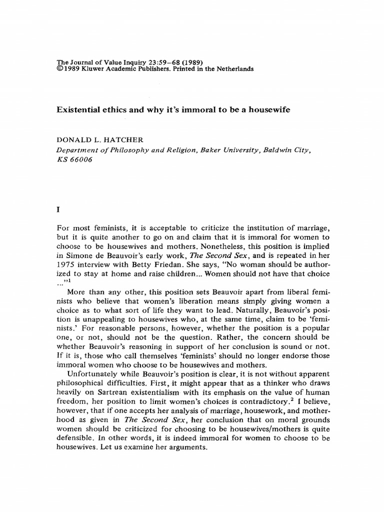 Existential Ethics and Why It's Immoral To Be A Housewife | PDF | Free ...