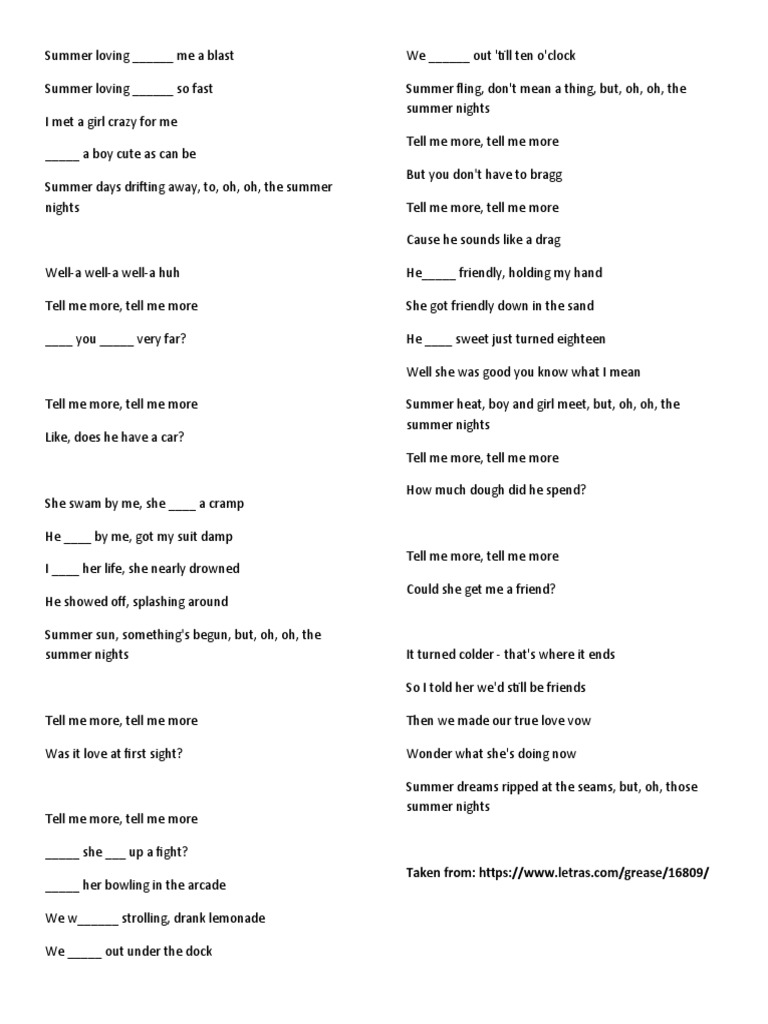 Summer Nights - Fill in The Gaps | PDF