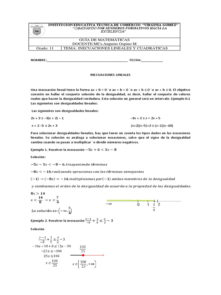 GUÍA Inecuaciones Lineales y Cuadraticas | PDF | Desigualdad (Matemáticas) | Ecuación cuadrática