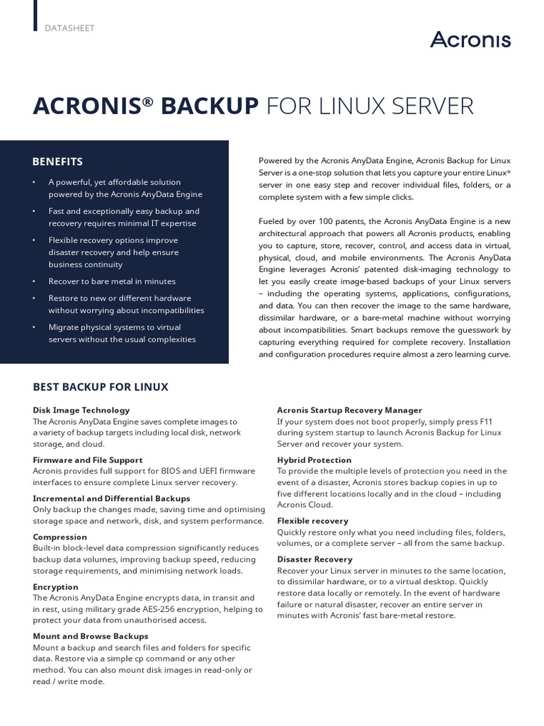 Acronis Backup For Linux Server: Benefits | PDF | Backup | Computer Data Storage