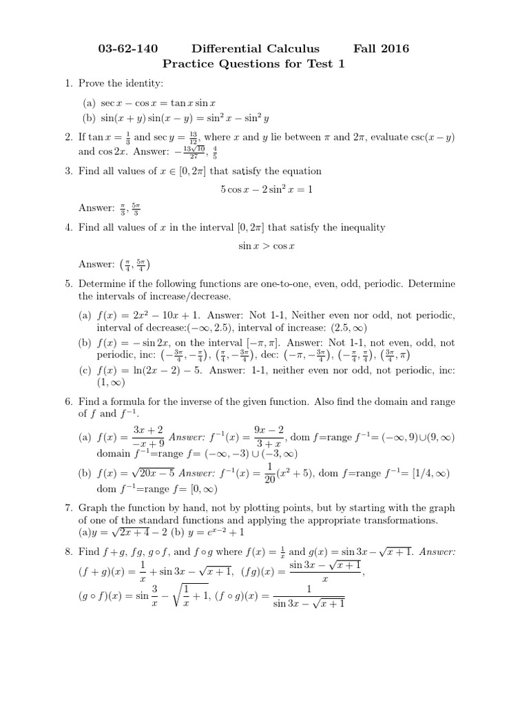 Calculus Midterm Practice 2 | PDF | Function (Mathematics) | Trigonometric Functions