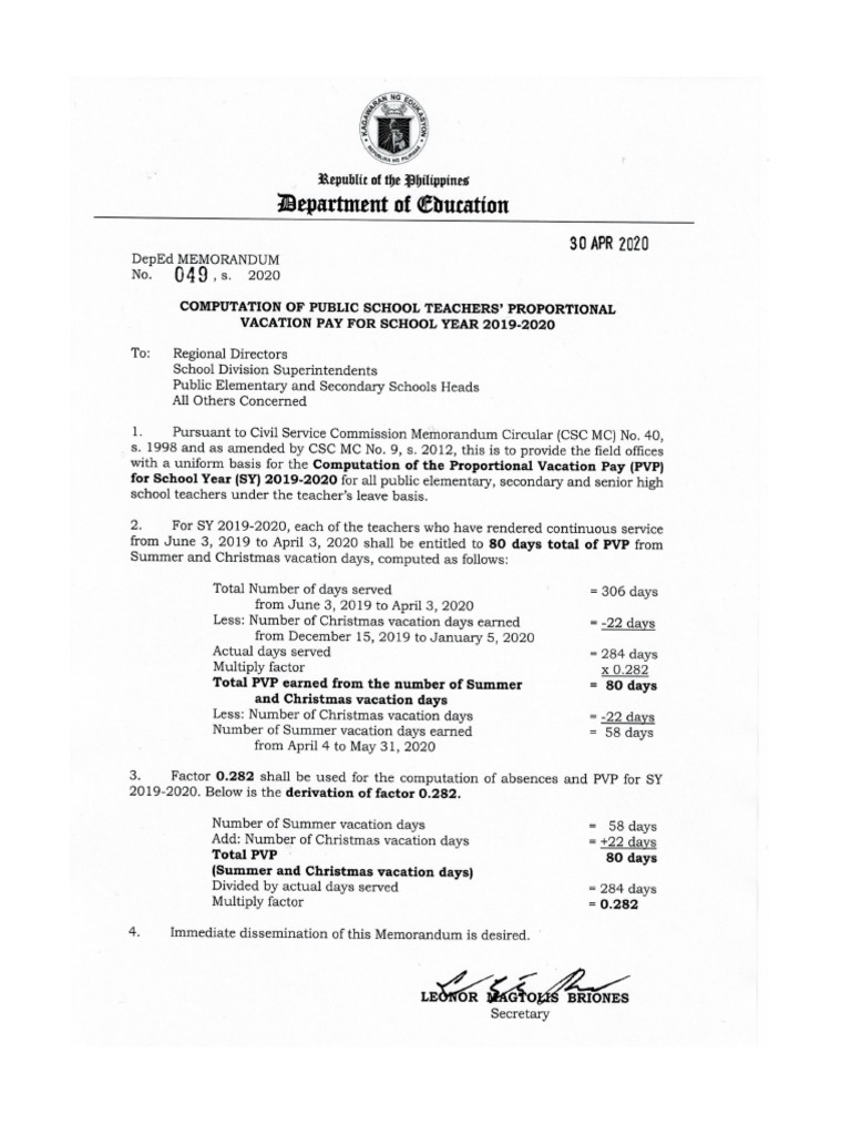 PVP COMPUTATION SY 2019 2020 PER DEPED MEMO NO. 49 S. 2020 | PDF ...