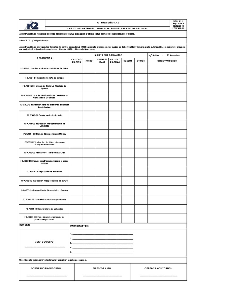 Check List Preoperacional | PDF