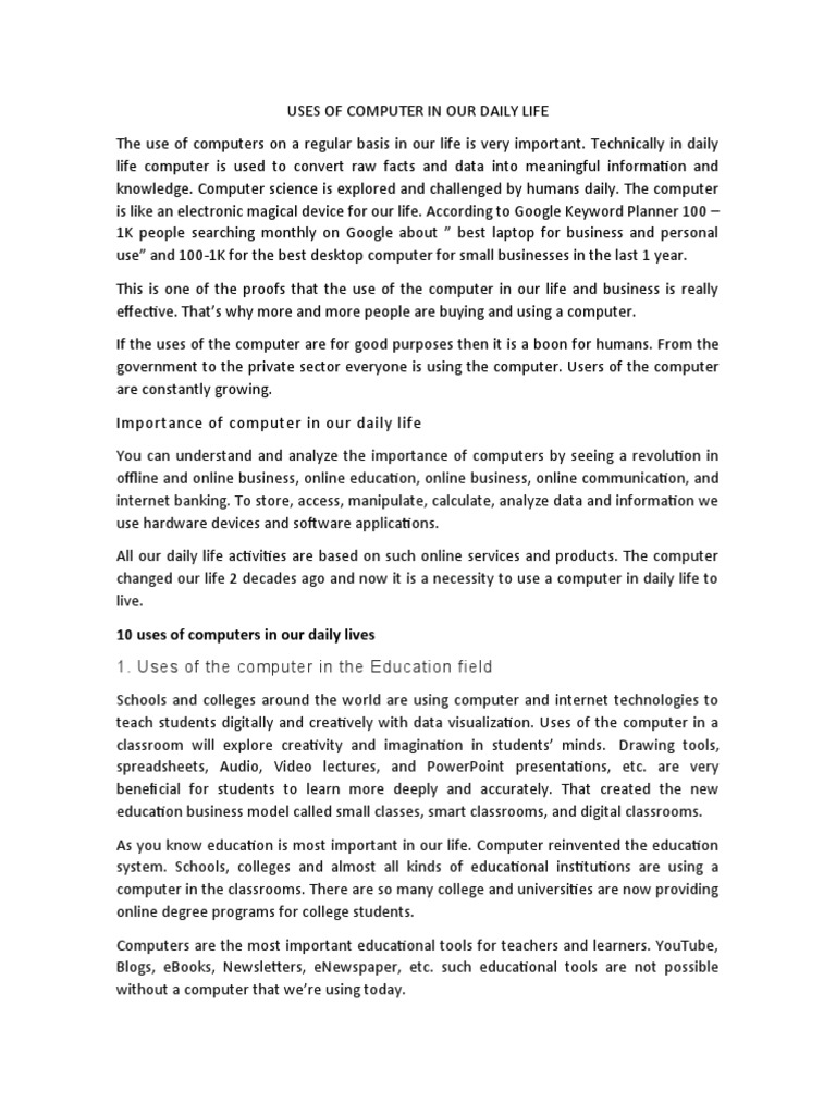 USES OF COMPUTER IN OUR DAILY LIFE (Practicar Lectura) | PDF | Internet ...