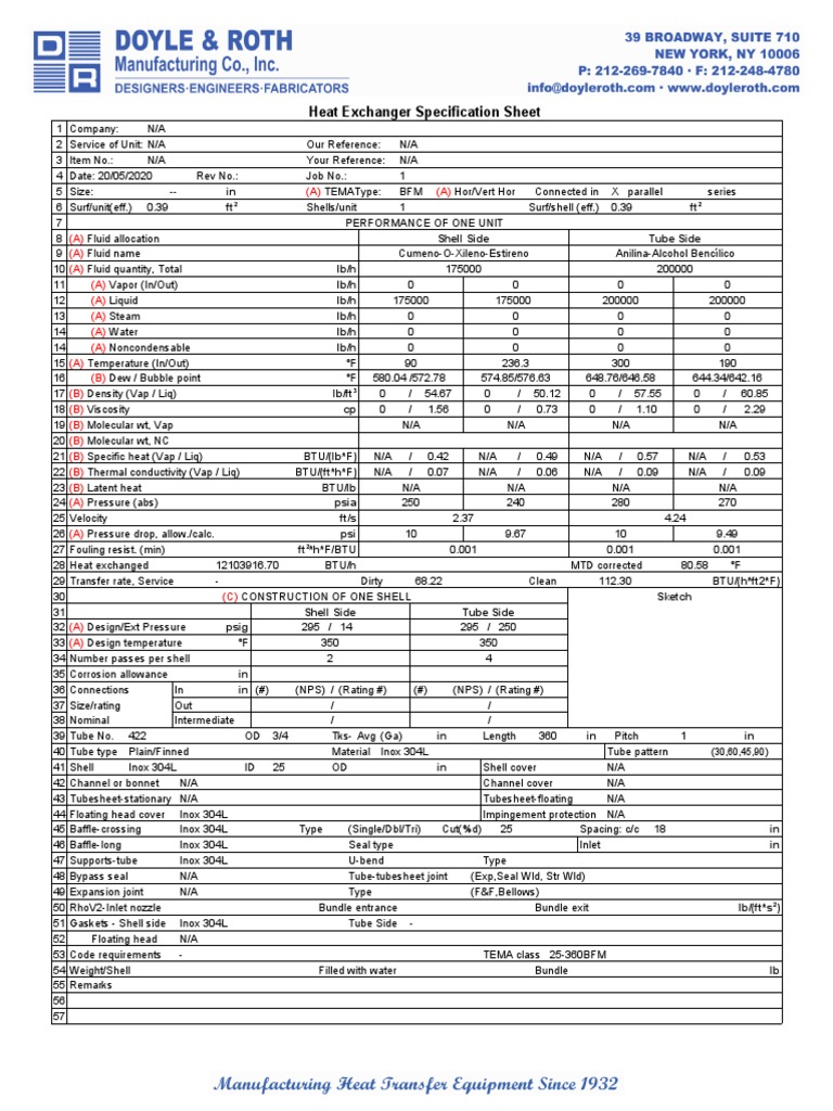 Heat Exchanger Specification Sheet | PDF | Heat Exchanger | Pipe (Fluid ...