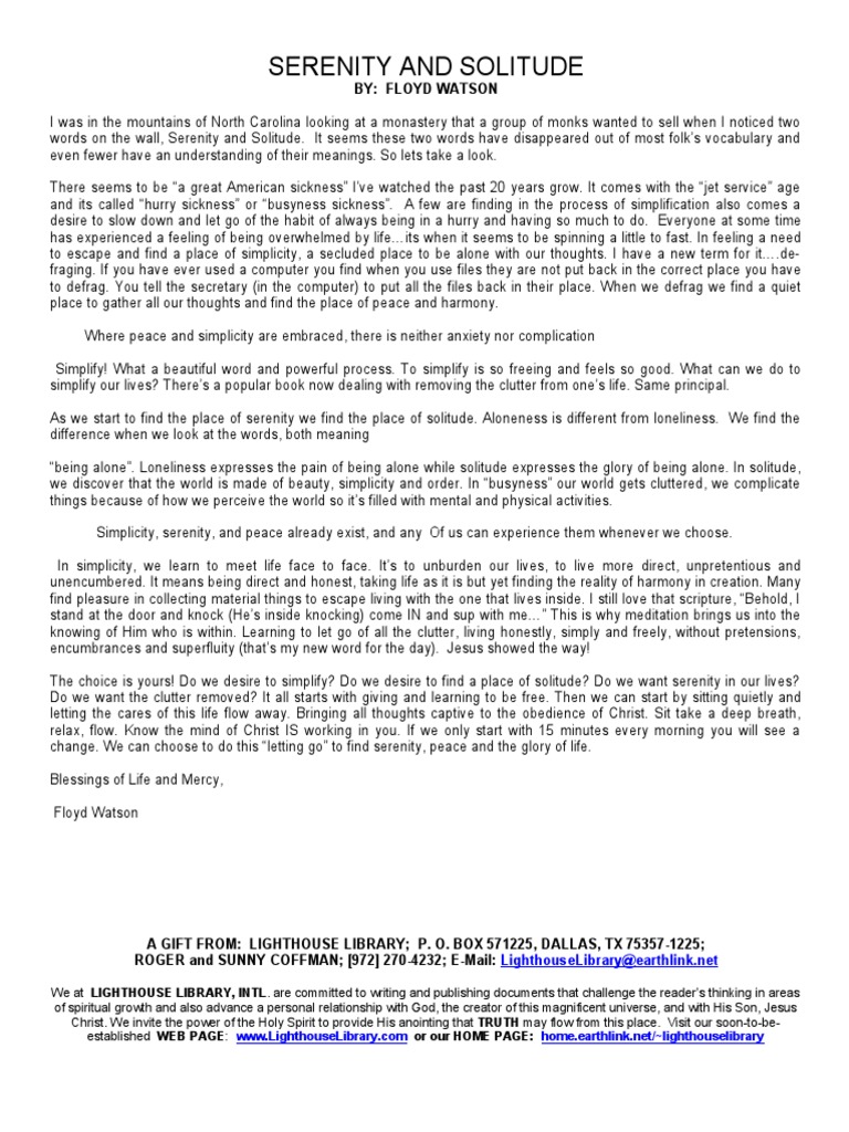 SERENITY AND SOLITUDE (Floyd Watson) | PDF | Solitude | Religious ...