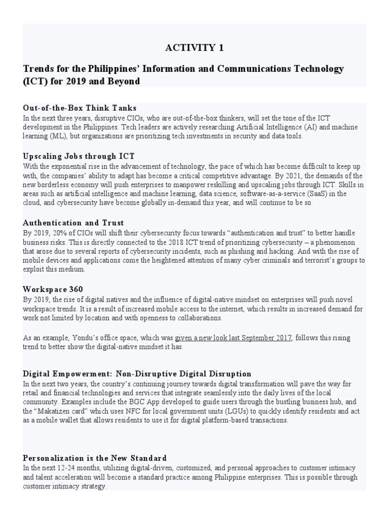 Activity 1 Trends For The Philippines' Information and Communications ...