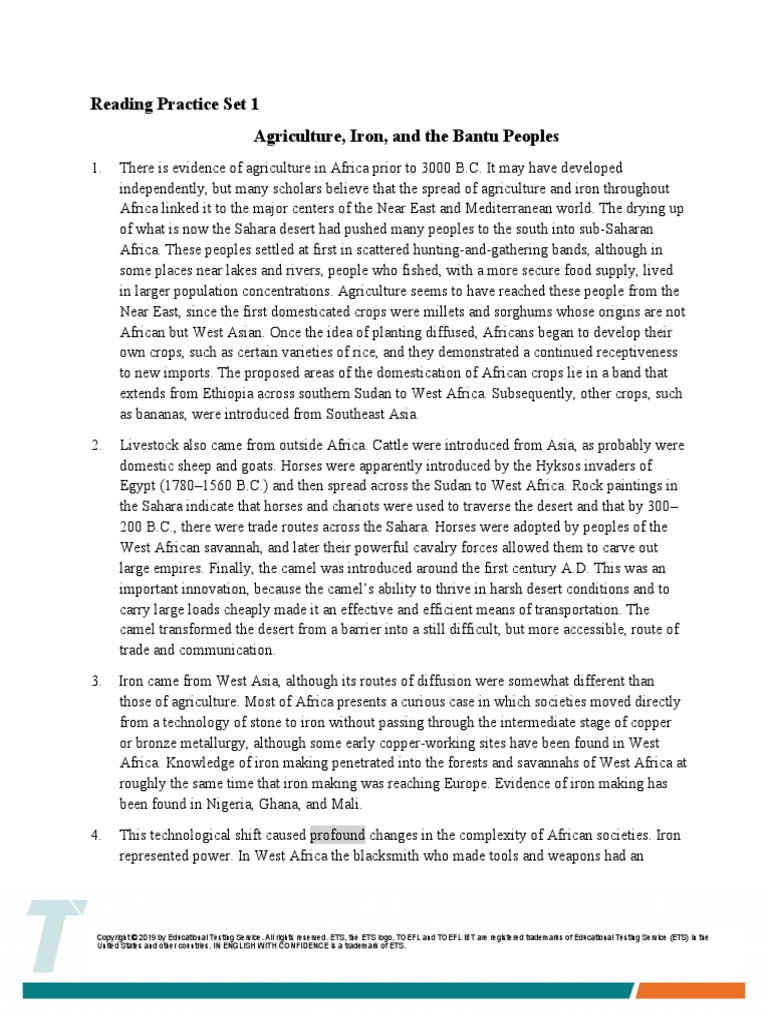 Reading Practice Set 1 Agriculture, Iron, and The Bantu Peoples | PDF ...