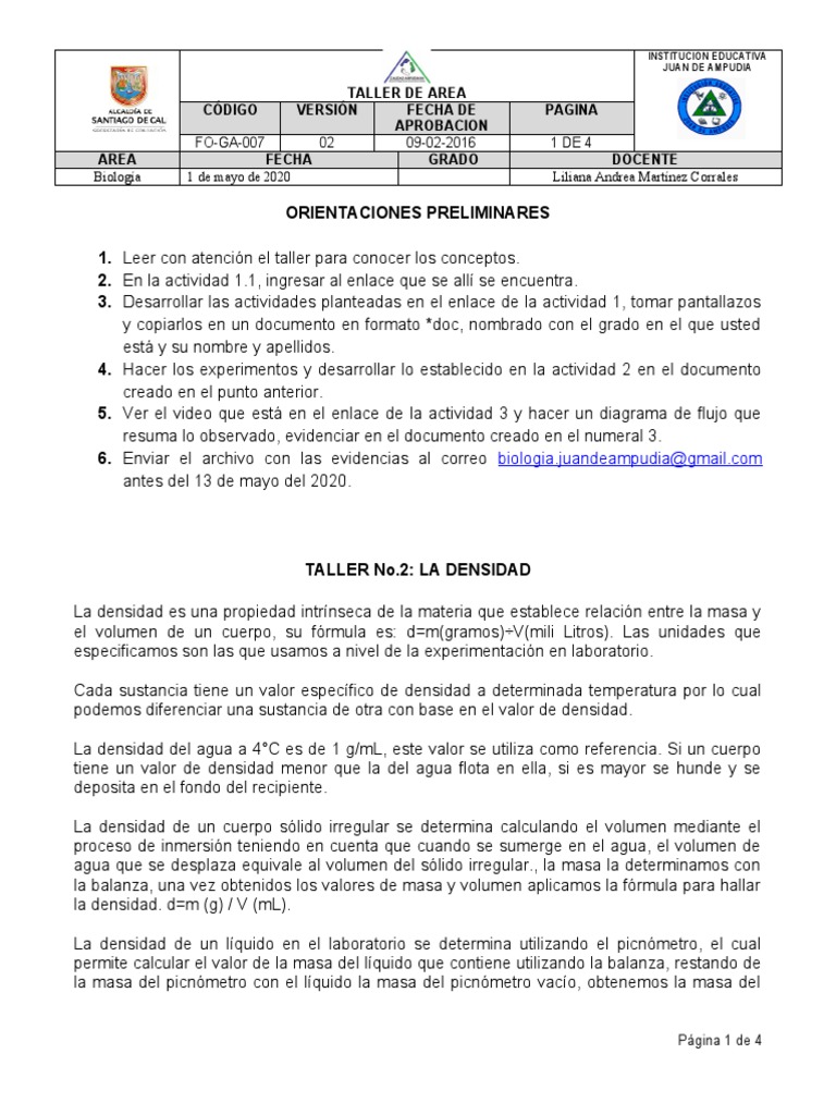 TALLER DE CIENCIAS 2 Ver 2 | PDF | Densidad | Masa