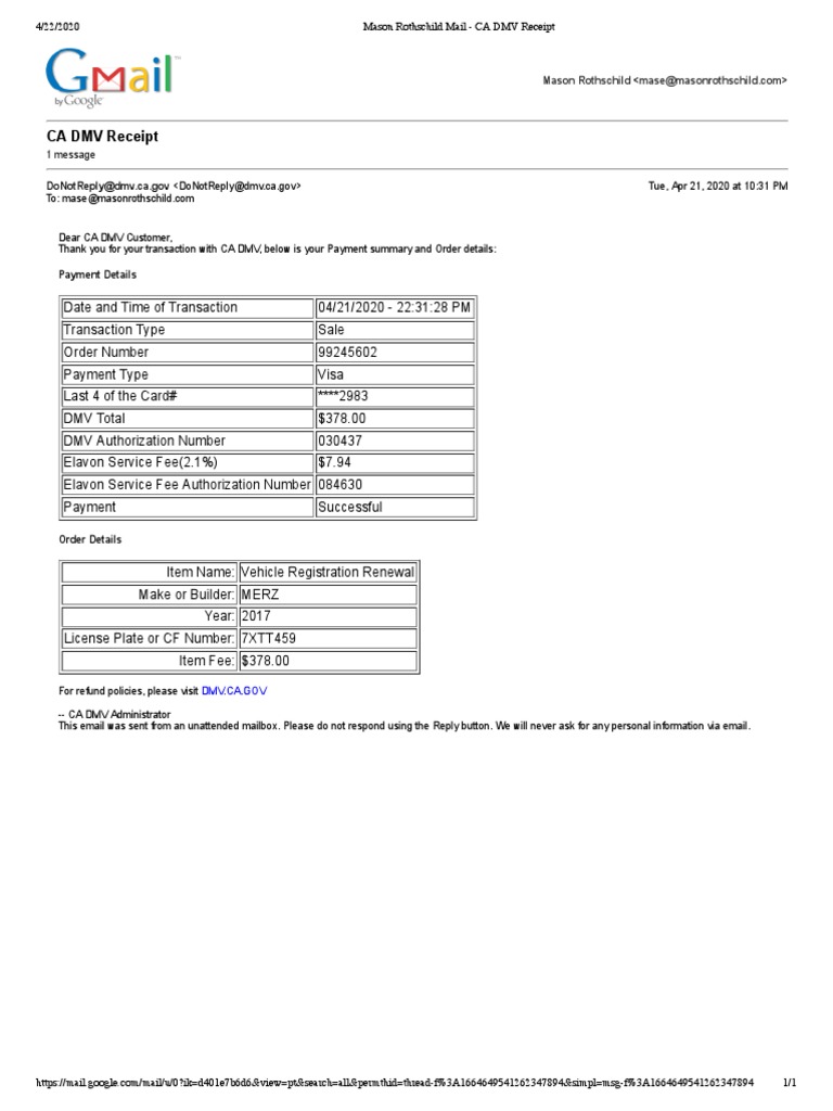 CA DMV Receipt: 1 Message | PDF