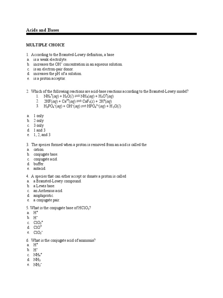 Acids and Bases: Multiple Choice | PDF | Acid | Ph