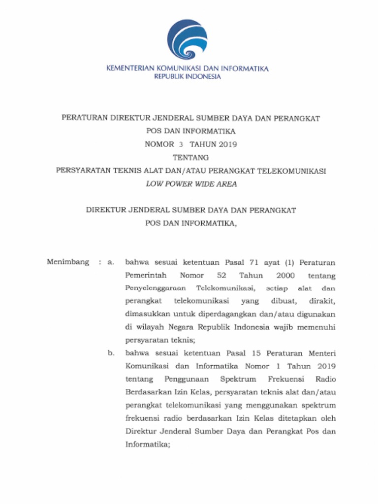 PERDIRJEN - SDPPI - NO - 3 - TAHUN - 2019 - LPWA Atau Lora IOT PDF | PDF