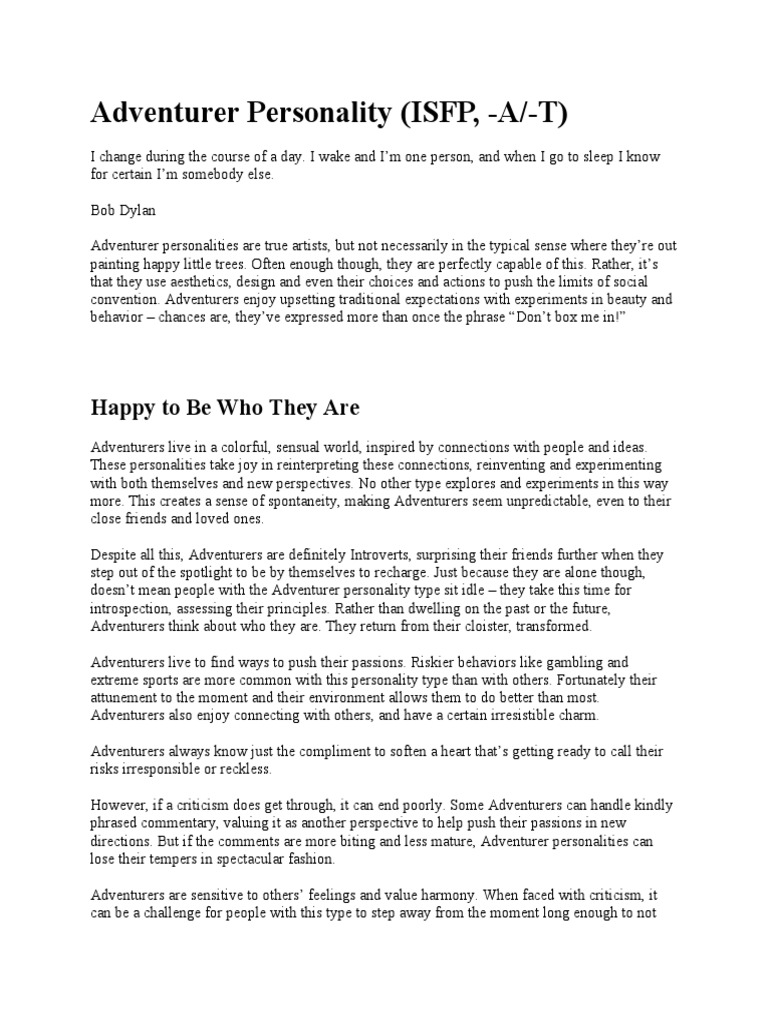 Understanding the Adventurer Personality | PDF | Criticism ...