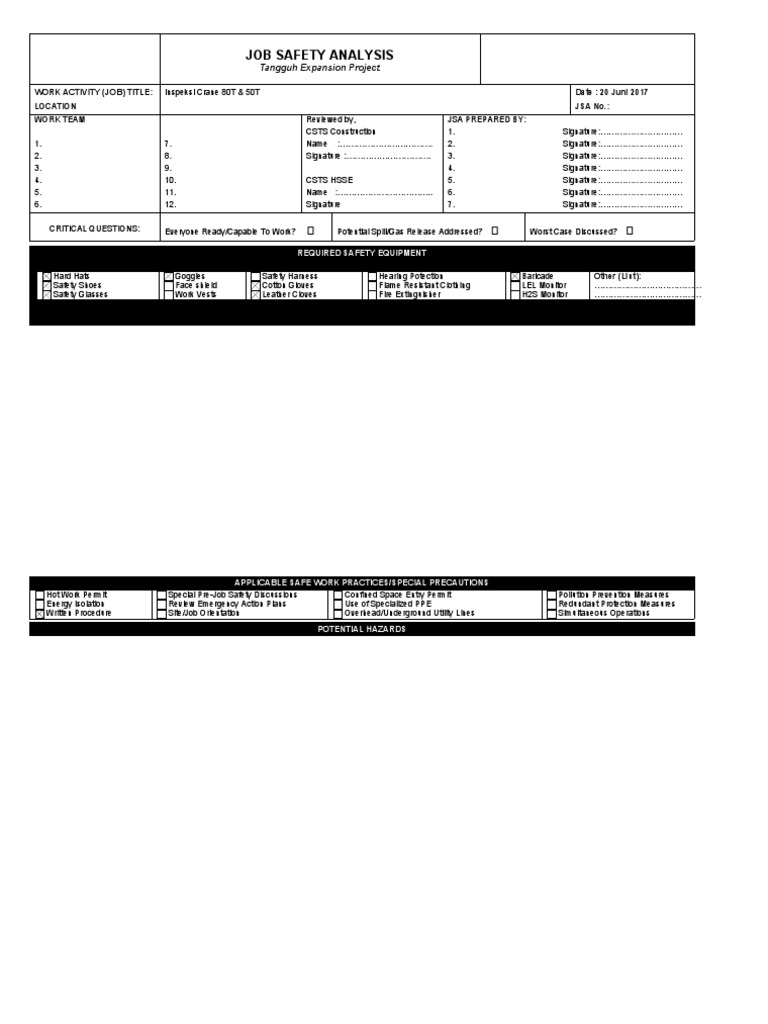 Form JSA - Inspeksi Crane 50T & 80T | PDF | Hazards | Personal ...