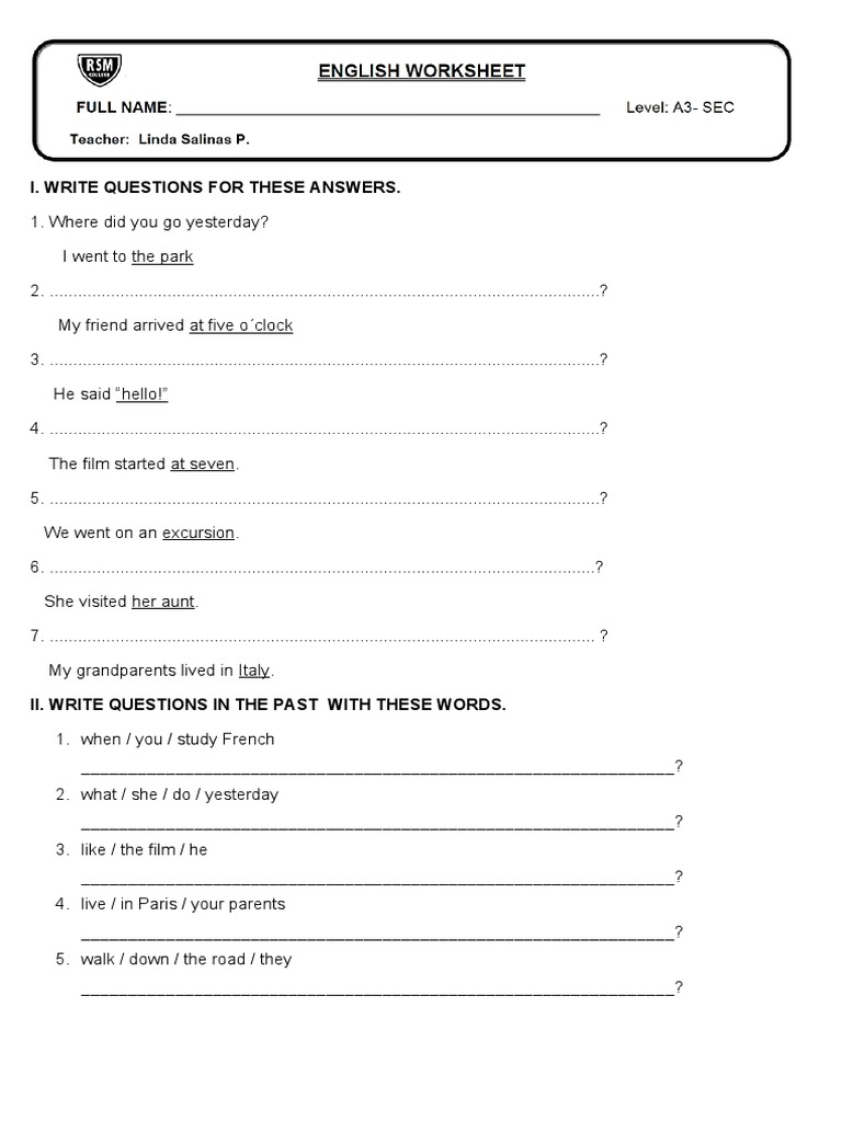 I. Write Questions For These Answers | PDF