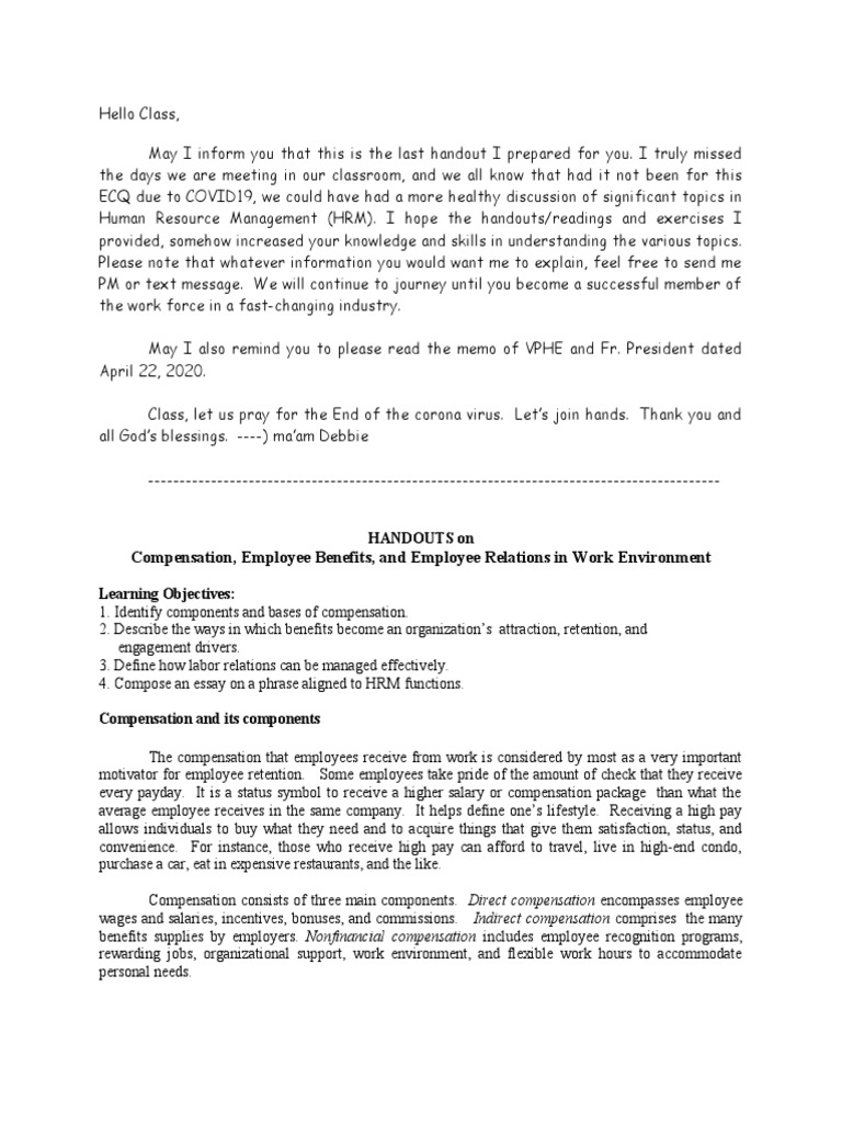 HANDOUTS 4 Compensation Benefits Separation Work Environment | PDF ...