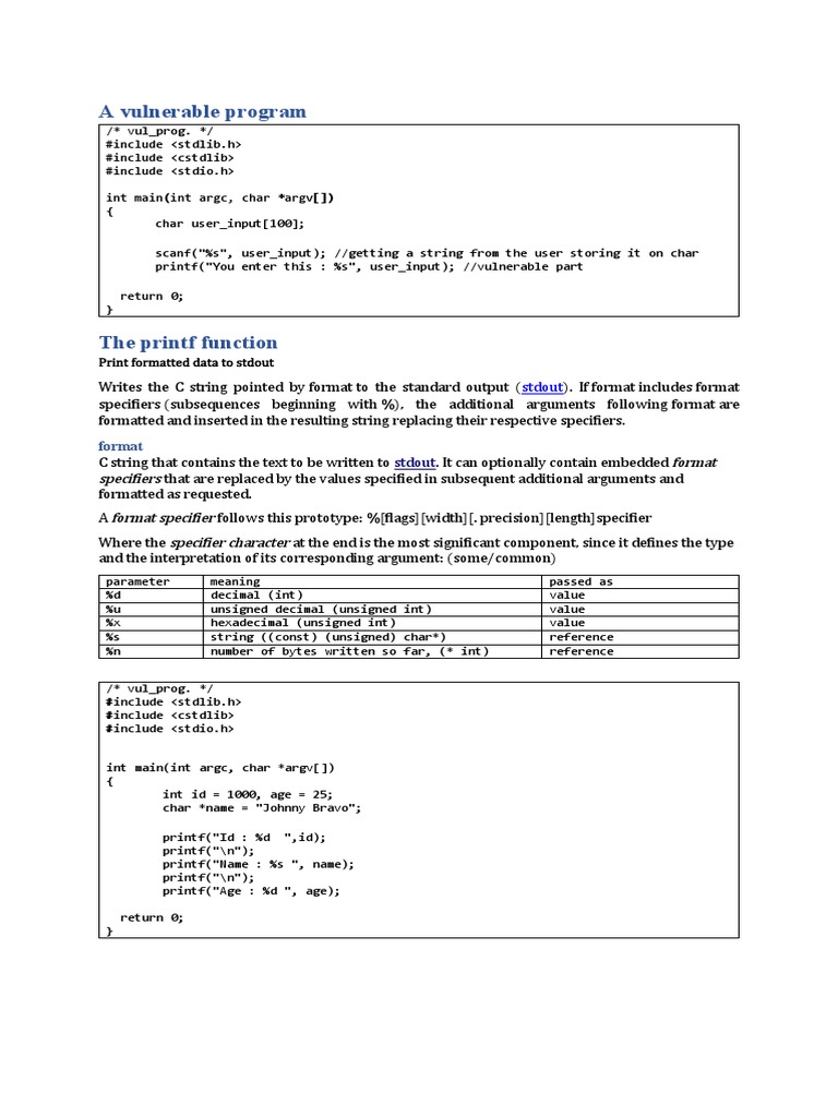 A Vulnerable Program: Format Specifiers Format Specifier Specifier Character | PDF | Integer ...