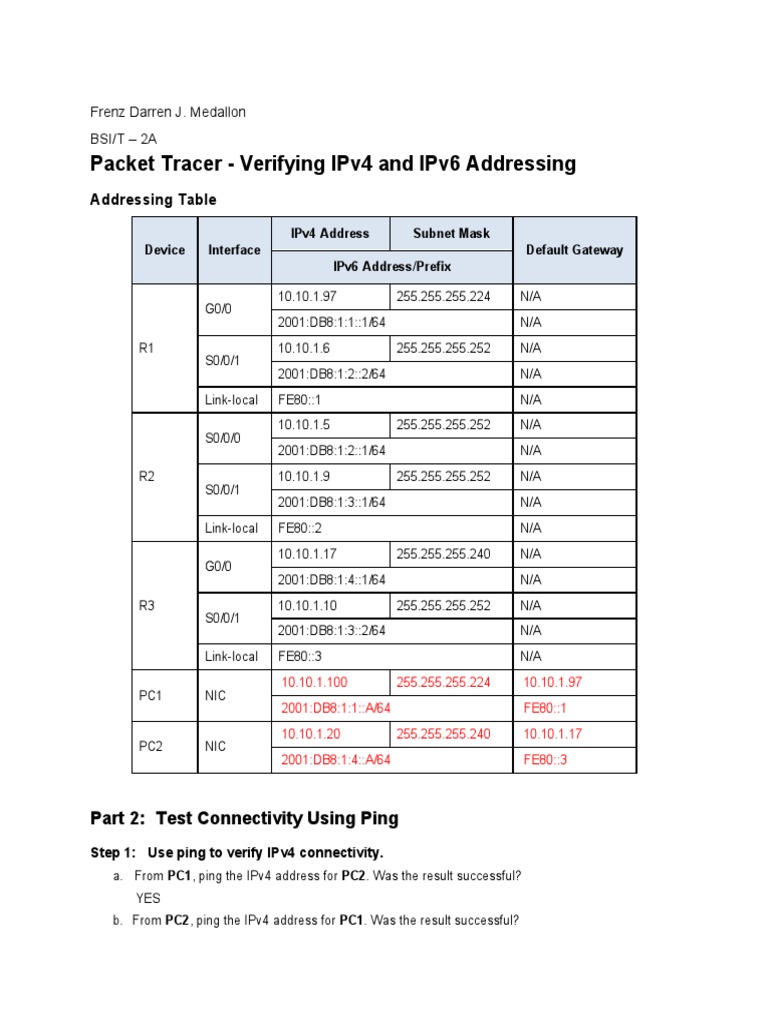 Packet Tracer - Verifying Ipv4 and Ipv6 Addressing | PDF | I Pv6 | Communications Protocols