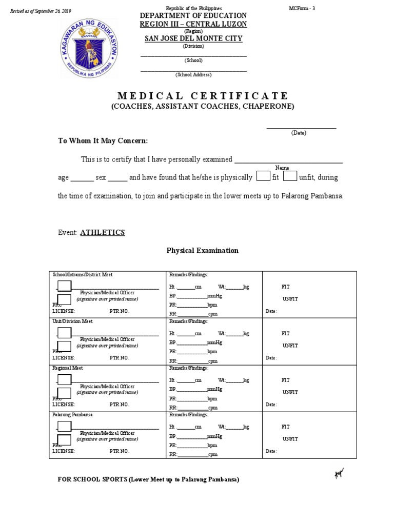 Medical Certificate: (Coaches, Assistant Coaches, Chaperone) | PDF ...