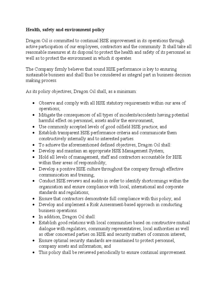 Health, Safety and Environment Policy | PDF | Regulatory Compliance ...