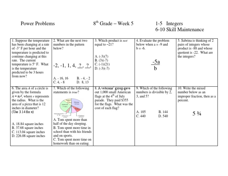 Power Problems 8 Grade - Week 5 1-5 Integers 6-10 Skill Maintenance ...