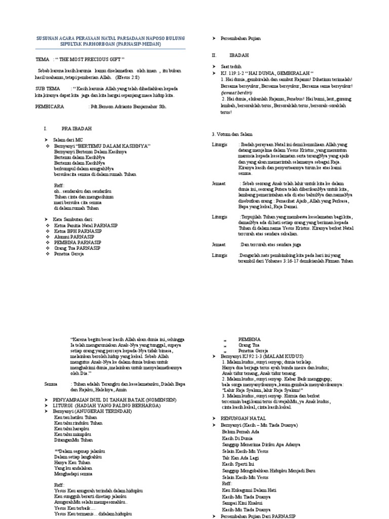Susunan Acara Perayaan Natal Parsadaan Naposo Bulung Sipultak Parhorboan-1 | PDF